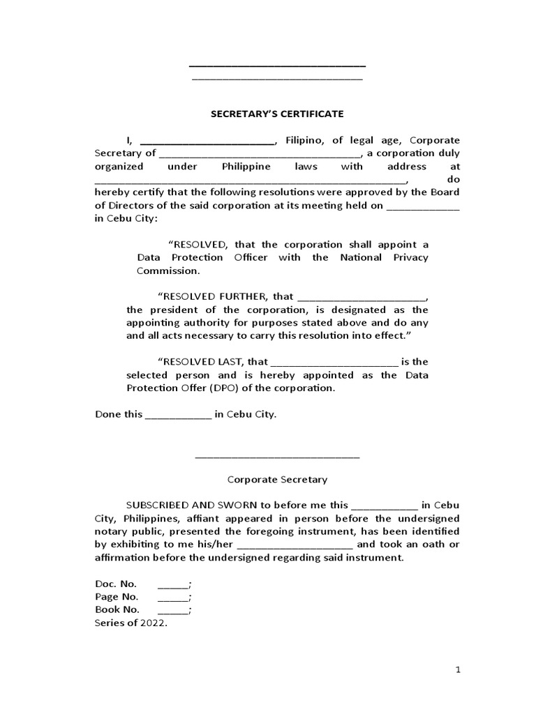 Sec Cert - SAMPLE Appoint DPO | PDF