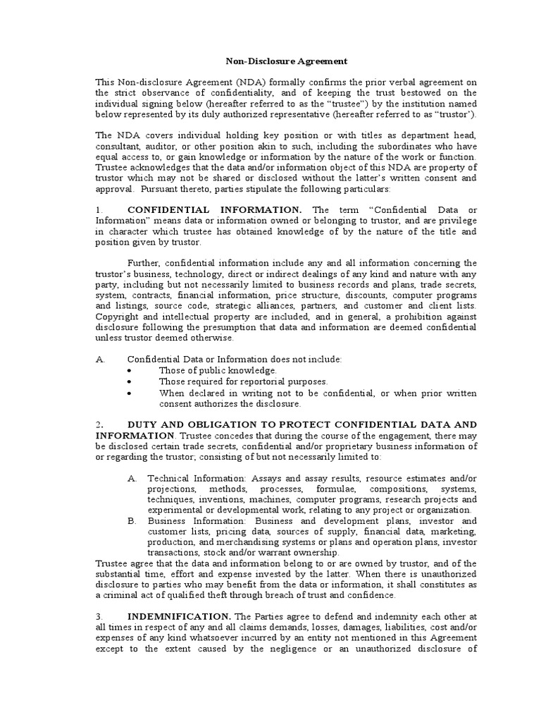 NDA Sample | PDF | Non Disclosure Agreement | Confidentiality