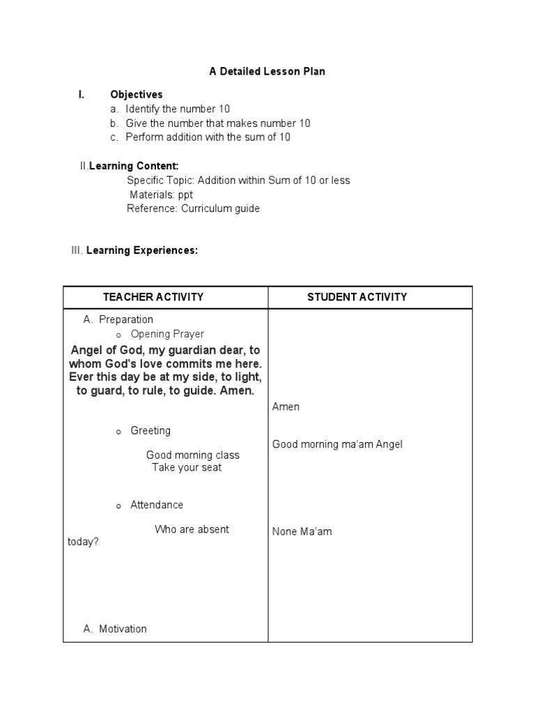 A Detailed Lesson Plan Addition | PDF