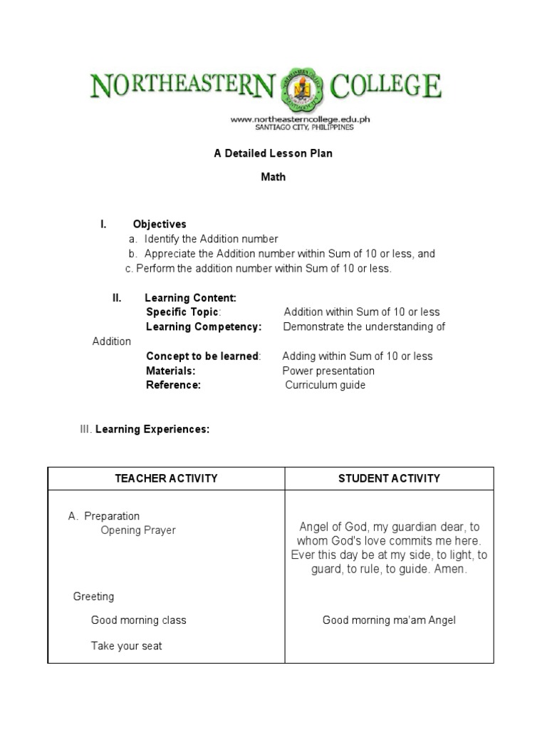 A Detailed Lesson Plan(math) | PDF | Lesson Plan | Teachers
