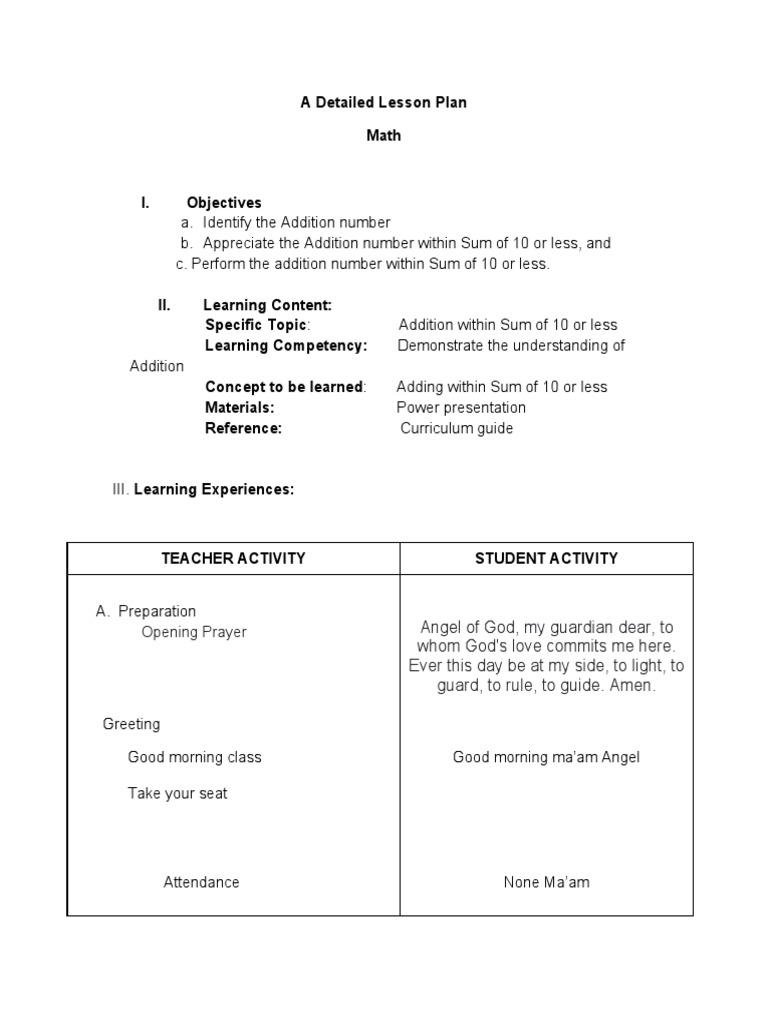 A Detailed Lesson Plan (Math) | PDF | Lesson Plan | Learning