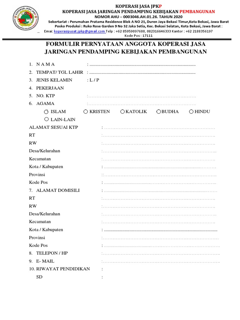 Form Anggota Koperasi Jasa JPKP | PDF