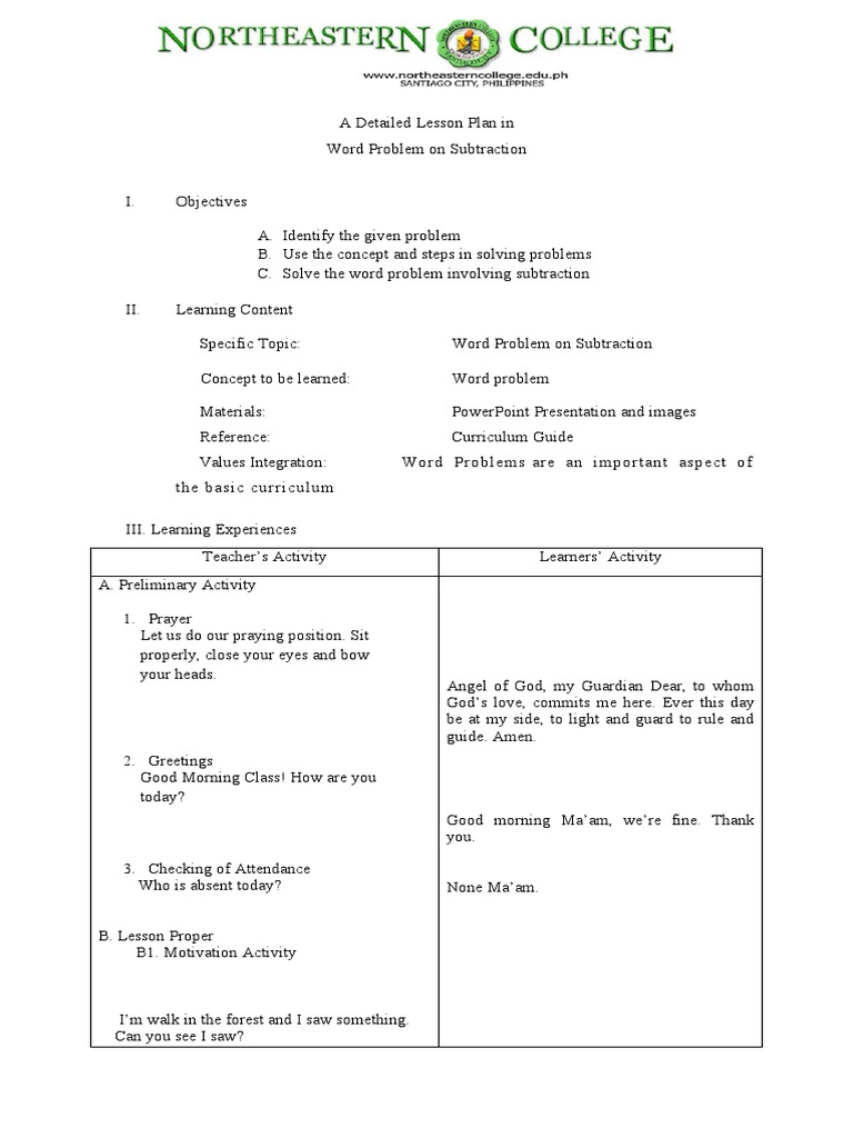 An In-Depth Lesson on Solving Word Problems Using Subtraction | PDF | Curriculum | Behavior ...