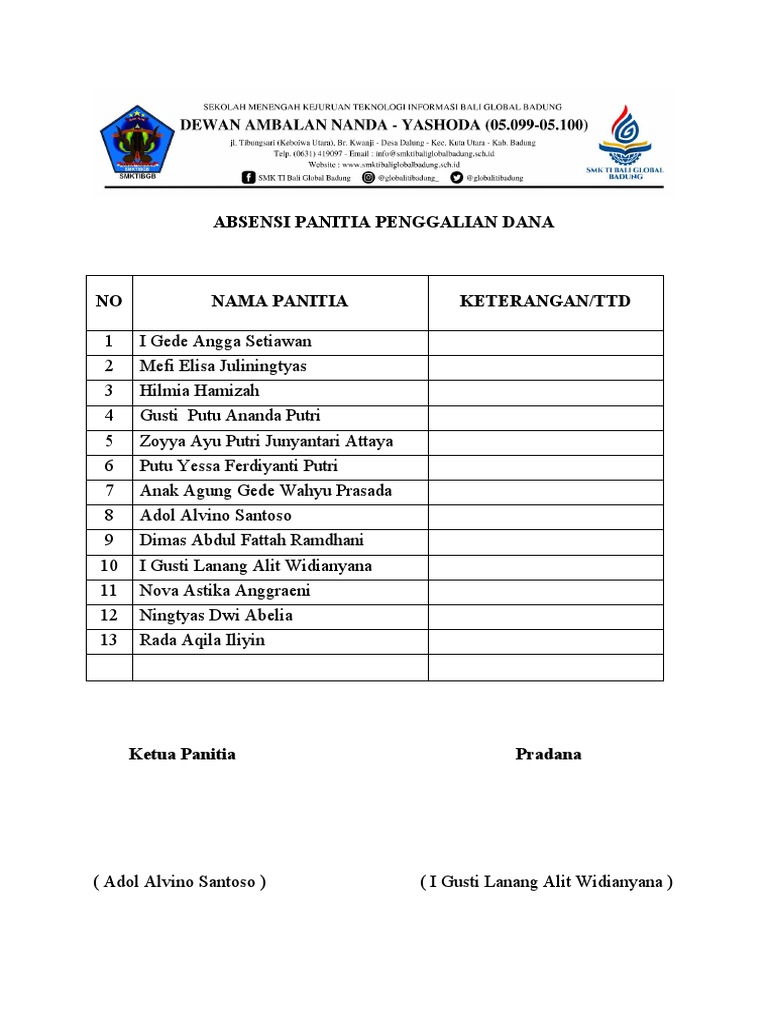 Absensi Panitia Penggalian Dana | PDF | Memasak, Makanan, & Anggur