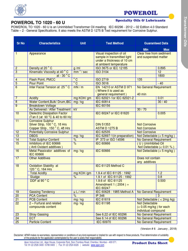 Apar Transformer Oil PDS - To 1020 60 U PDF | PDF | Corrosion | Electrical Engineering