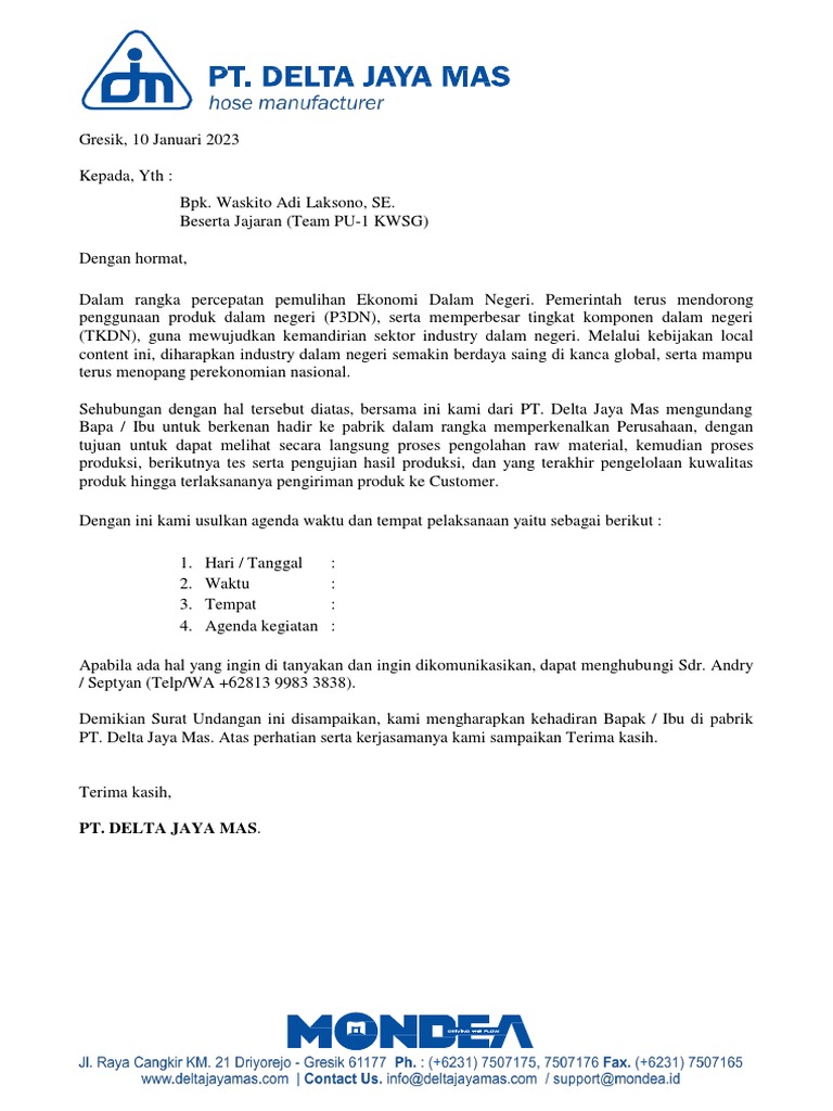 Undangan Kunjungan Pabrik PT Delta Jaya Mas | PDF