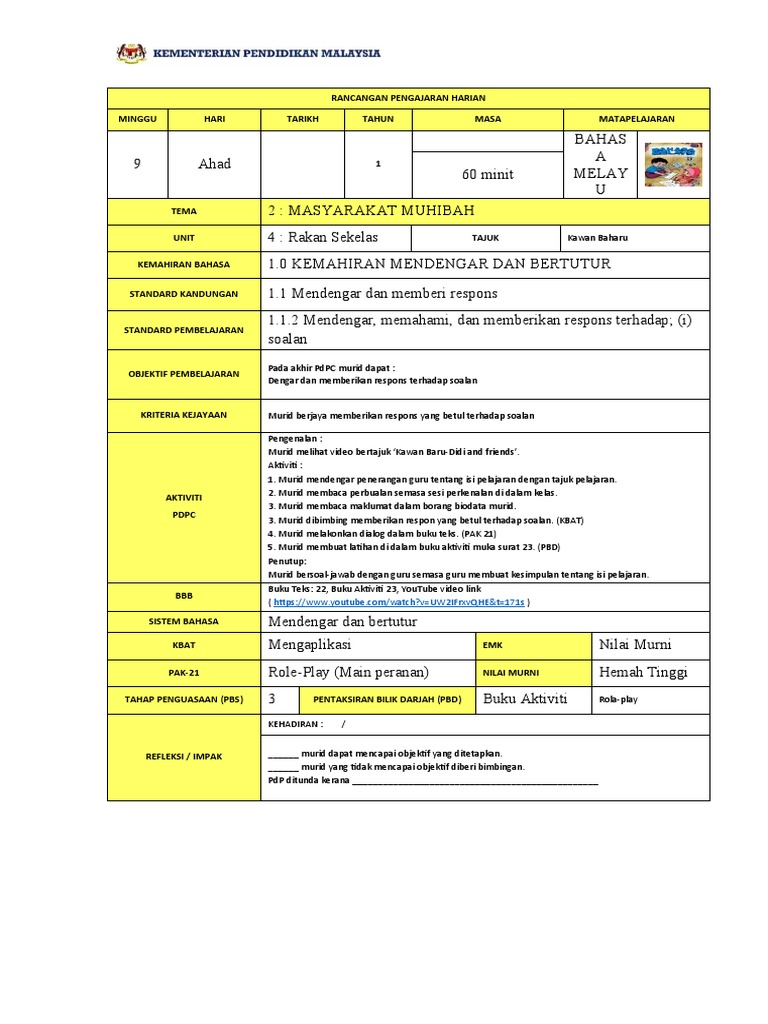 Rancangan Pengajaran Harian BM THN 1 Unit 4 | PDF