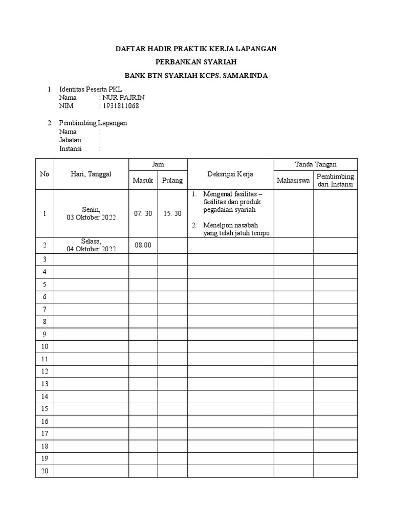 Daftar Hadir Praktik Kerja Lapangan | PDF