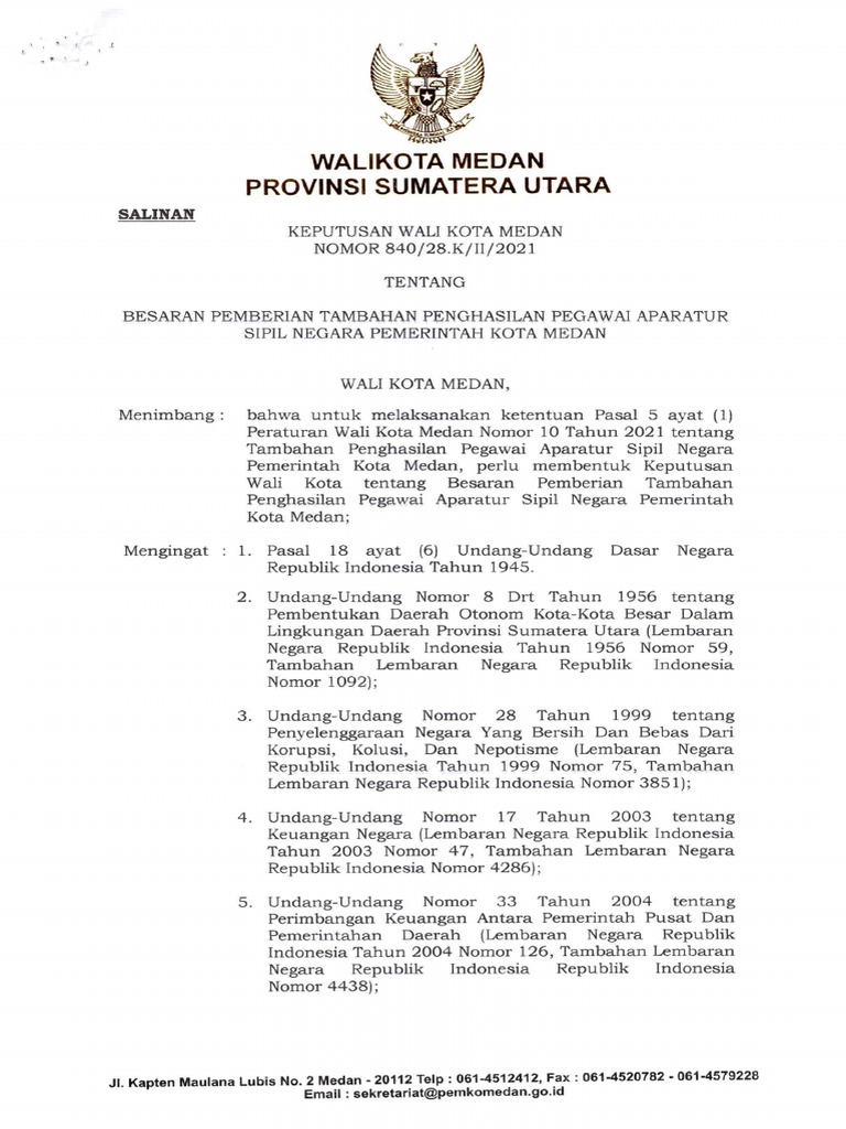 Kepwal Besaran TPP Asn Kota Medan | PDF