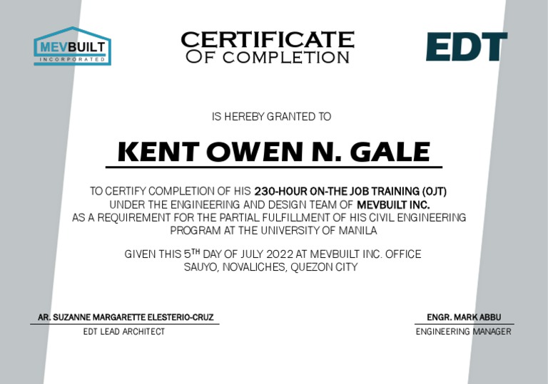 OJT Completion Certificate for Civil Engineering | PDF | Art | Science ...