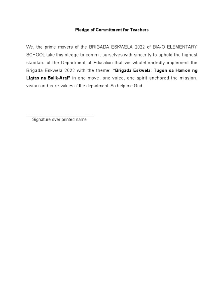 Teachers & Volunteers Pledge Commitment to Brigada Eskwela 2022 | PDF