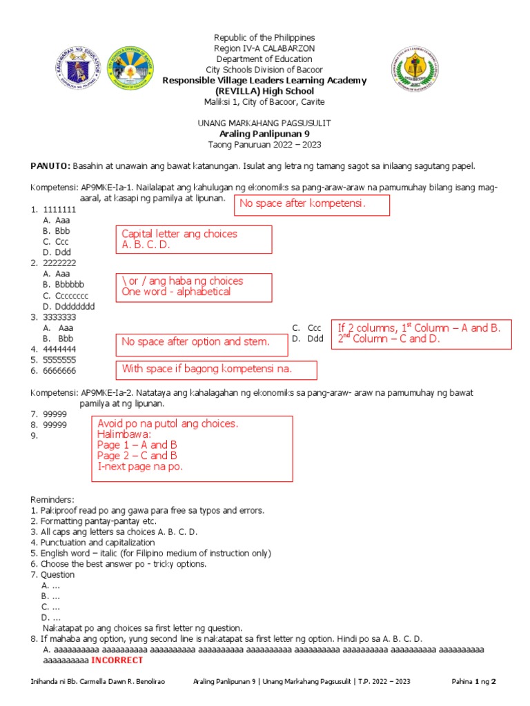 Quarter Exam Format | PDF | Notation | Written Communication