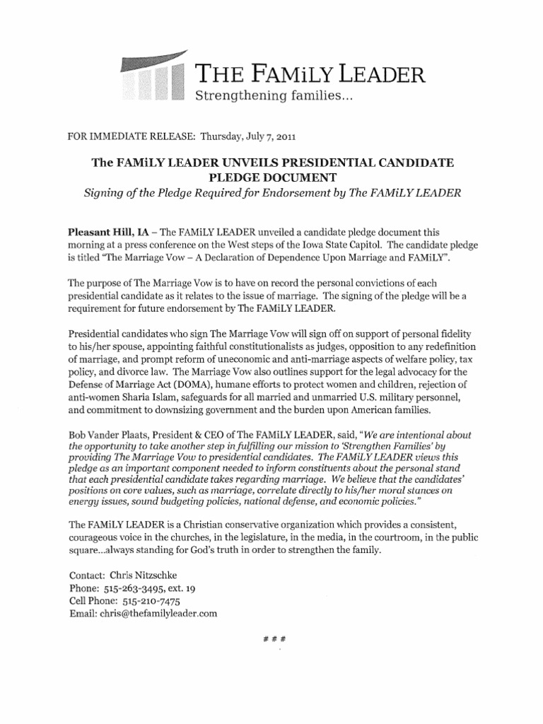 The Family Leader Presidential Pledge | PDF | Defense Of Marriage Act ...