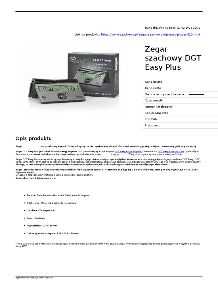 Zegar Szachowy DGT Easy Plus PDF | PDF