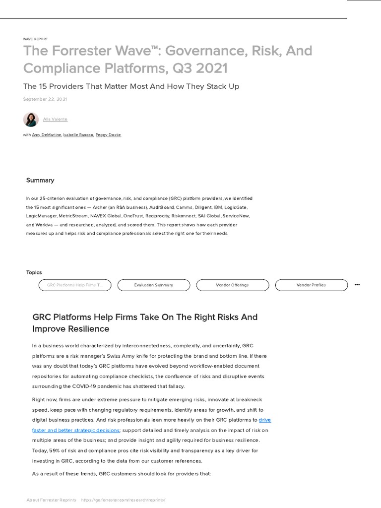 The Forrester Wave™ - Governance, Risk, and Compliance Platforms, Q3 2021 | PDF | Risk | Business