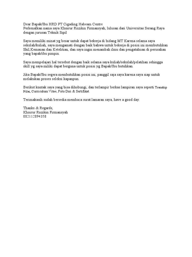 Lamaran Kerja di PT Cigading Habeam | PDF | Karier & Perkembangan