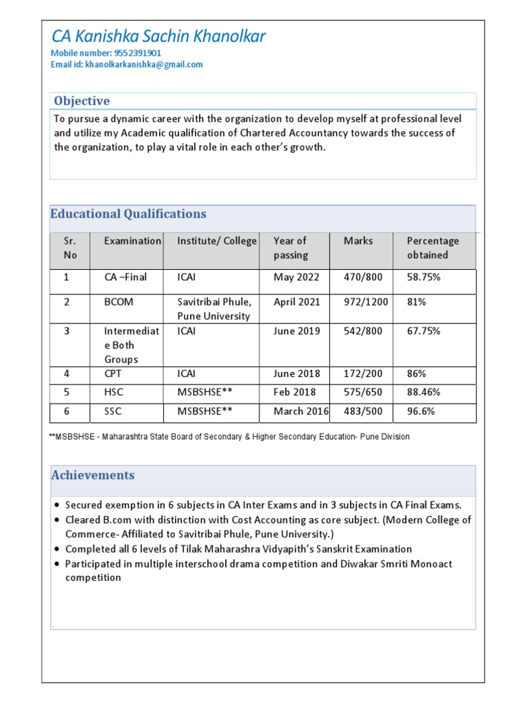 Resume - CA Kanishka Khanolkar | PDF | Audit | Taxes