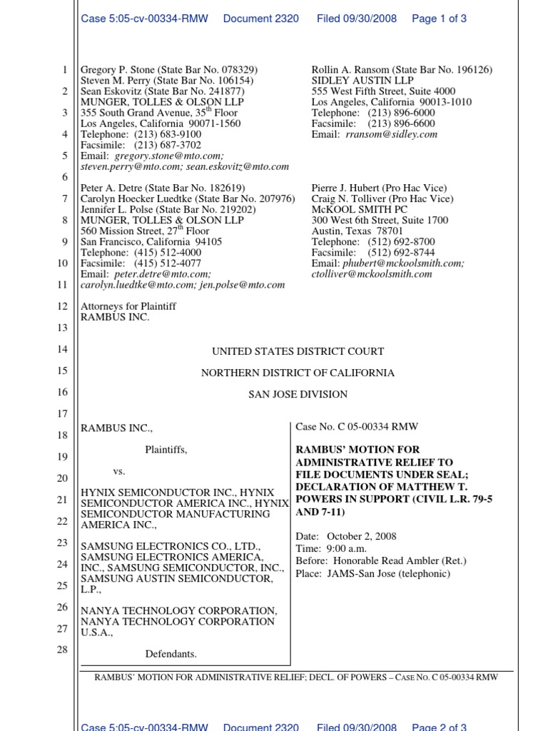 Rambus' Motion For Administrative Relief To File Documents Under Seal Declaration of Matthew T ...