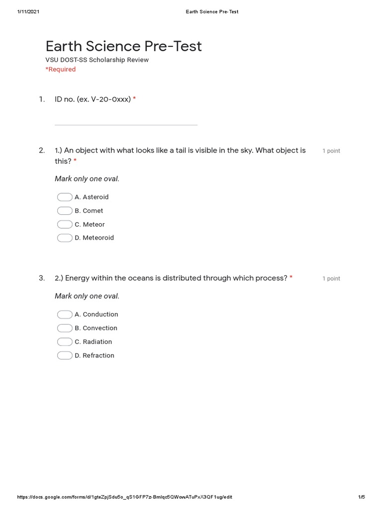 Earth Science Pre-Test Questions | PDF | Earth | Sun