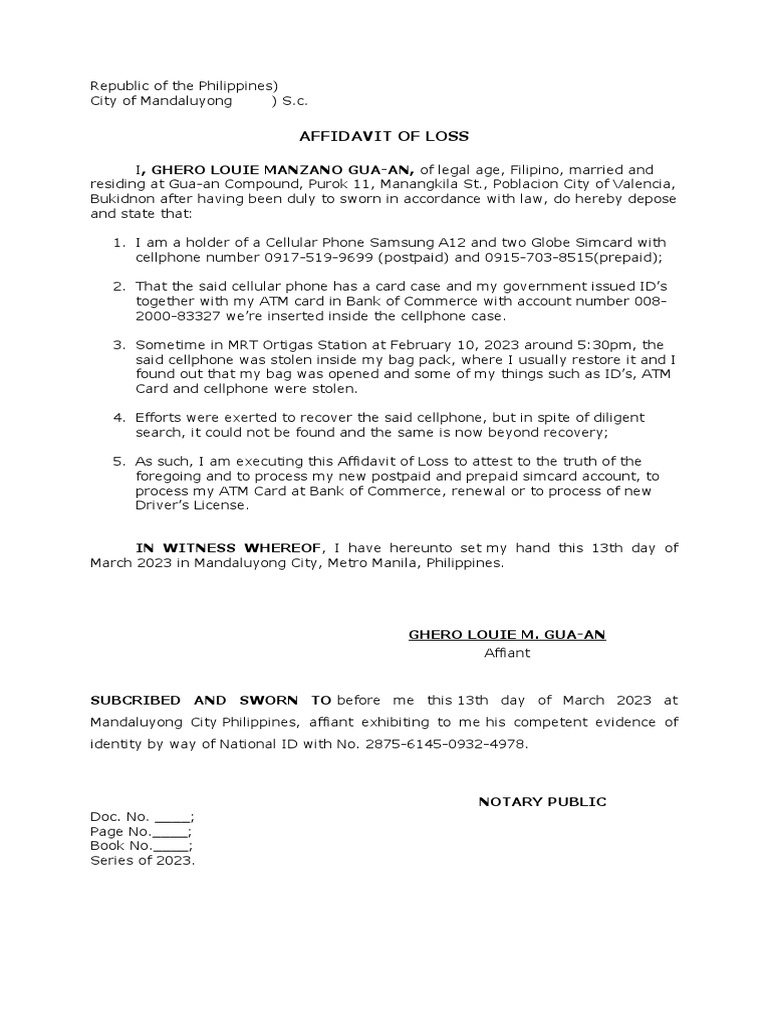 Affidavit of Loss Card Stolen | PDF