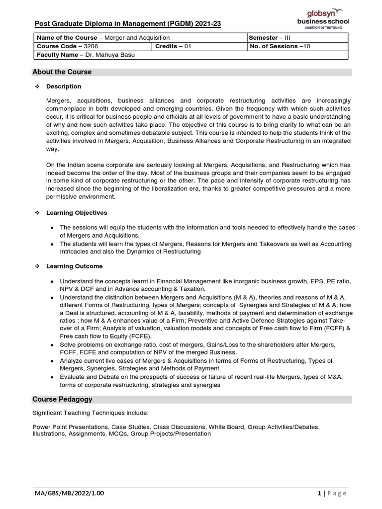 Syllabus | Download Free PDF | Valuation (Finance) | Mergers And ...