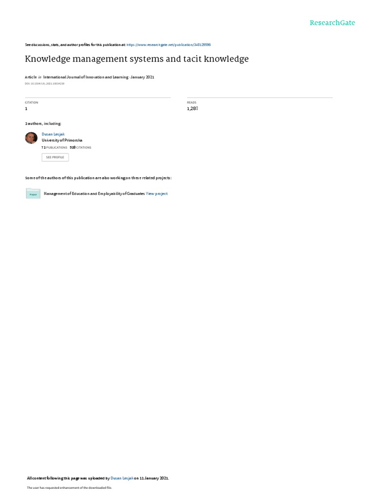 Knowledge Management Systems and Tacit | PDF | Tacit Knowledge | Knowledge