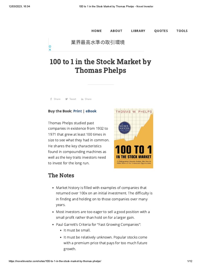 100 To 1 in The Stock Market by Thomas Phelps - Novel Investor | PDF ...