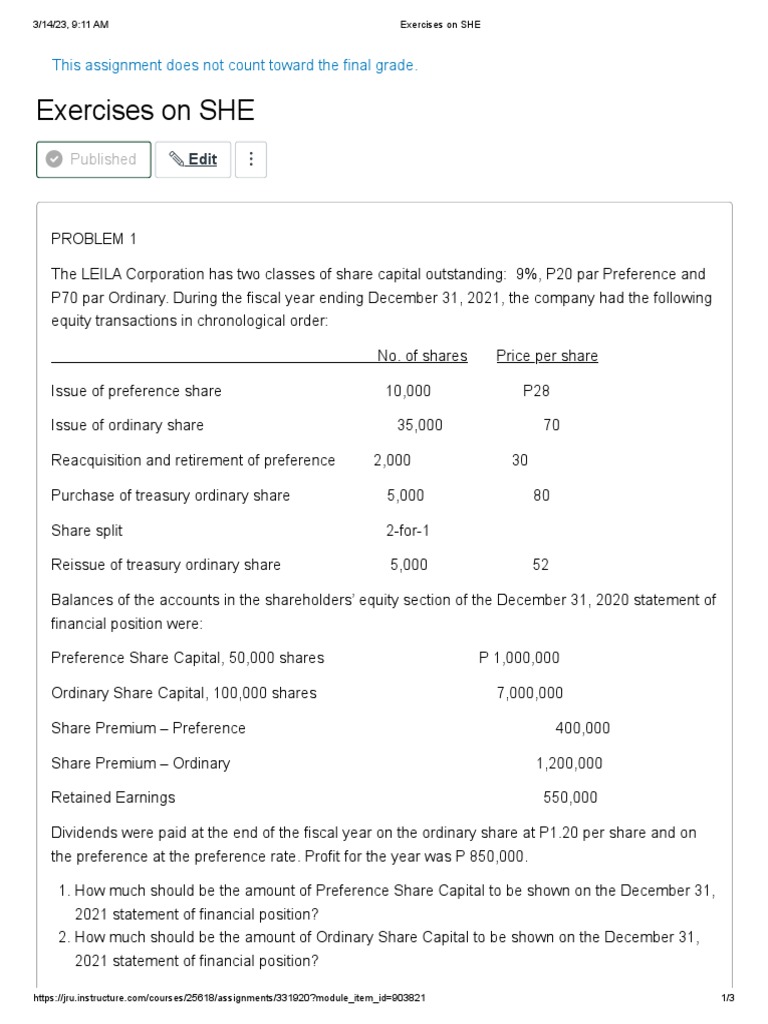 Exercises On SHE PDF | PDF | Preferred Stock | Dividend