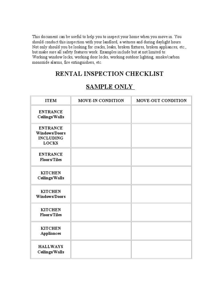 Comprehensive Rental Inspection Checklist: Documenting the Condition of ...