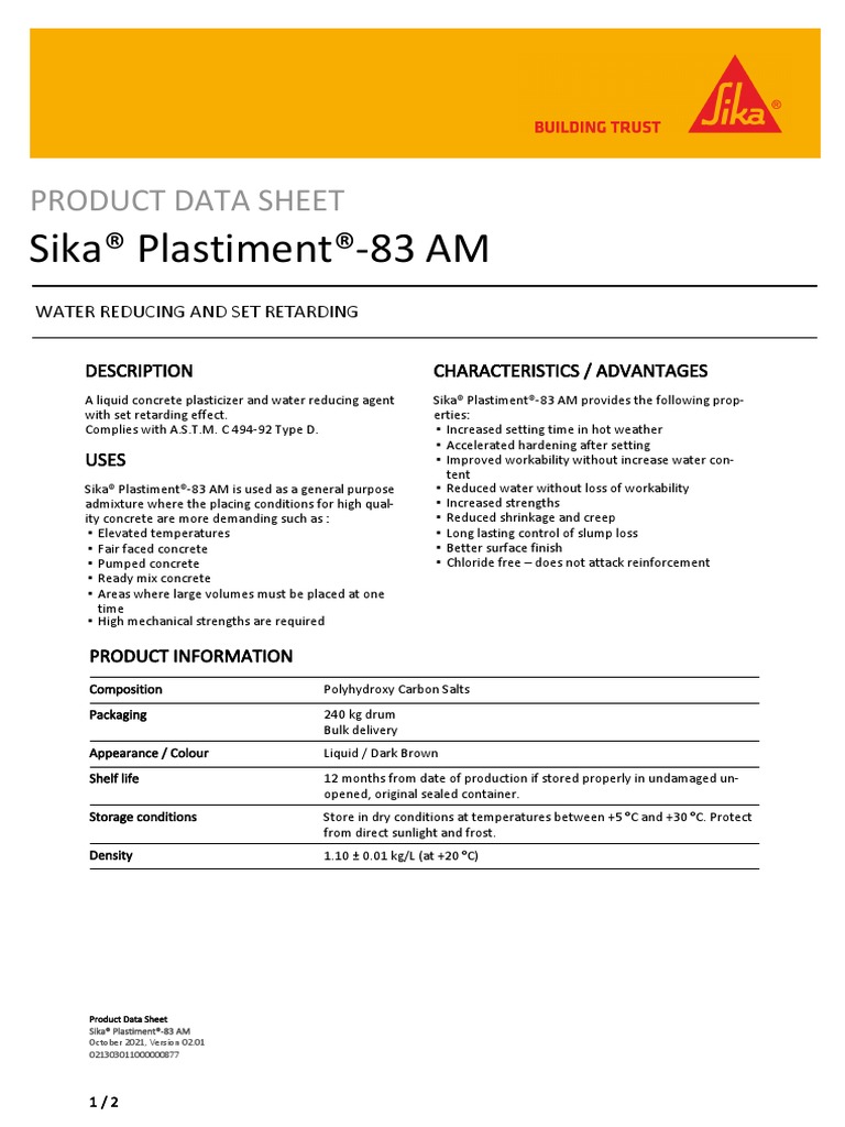 Sika Plastiment 83am | PDF | Concrete | Materials