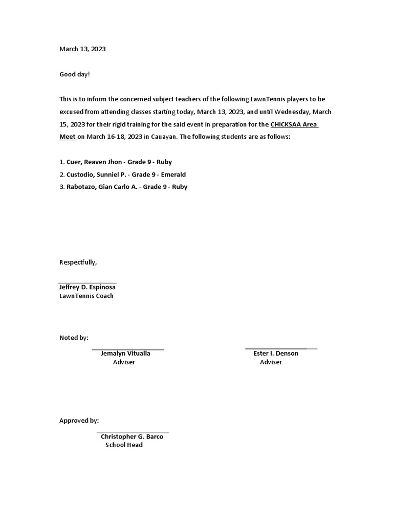 Excuse Letter of Athletes | PDF