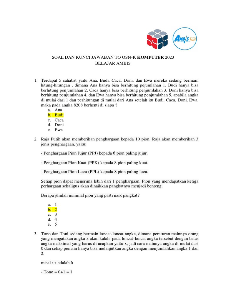 Soal Dan Kunci Jawaban To Osn-K Komputer 2023 | PDF