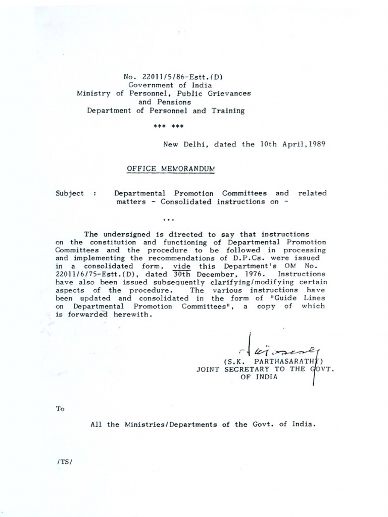 DoPT OM 10.04.1989 PDF | PDF | Government Of India