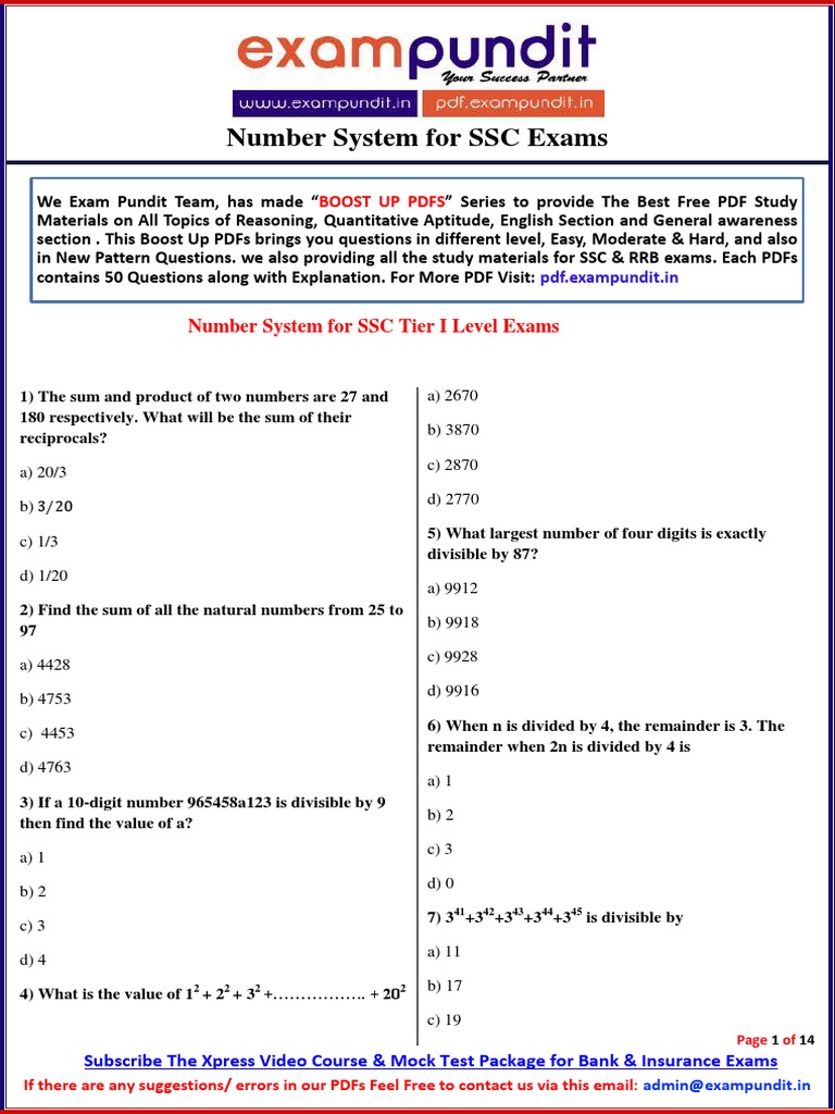 Expected Number System For SSC Tier I Level Exams | PDF | Numbers | Division (Mathematics)