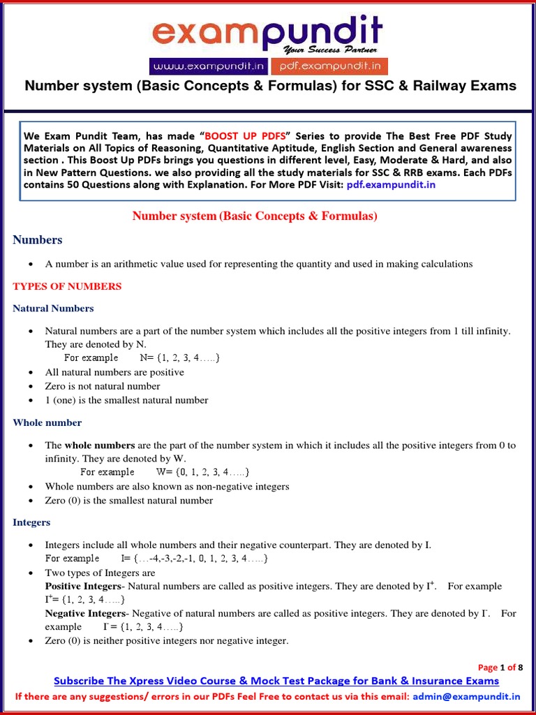 Basic Concepts and Formulas of Number System For SSC and Railway Exams | PDF | Numbers ...
