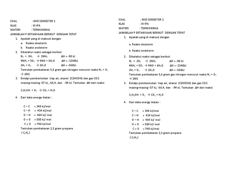 Soal Mid Semester Termokimia | PDF