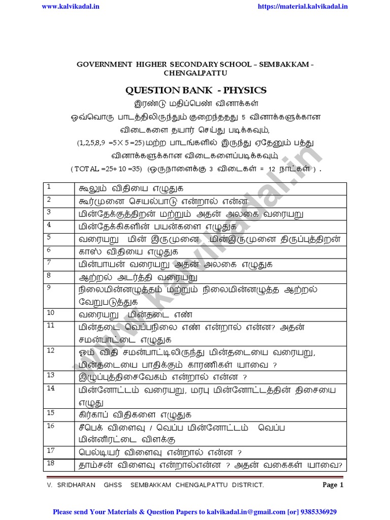 12th Physics Question Bank TM | PDF