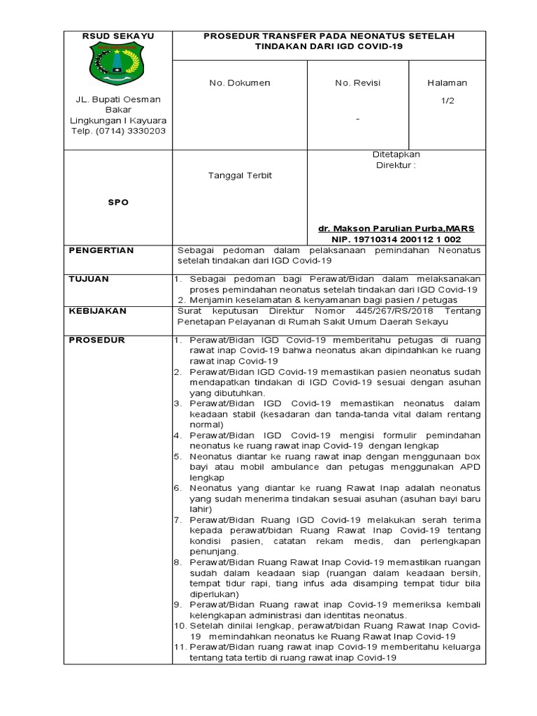 Spo Transfer Neonatus Setelah Tindakan Dari Igd Covid-19 | PDF