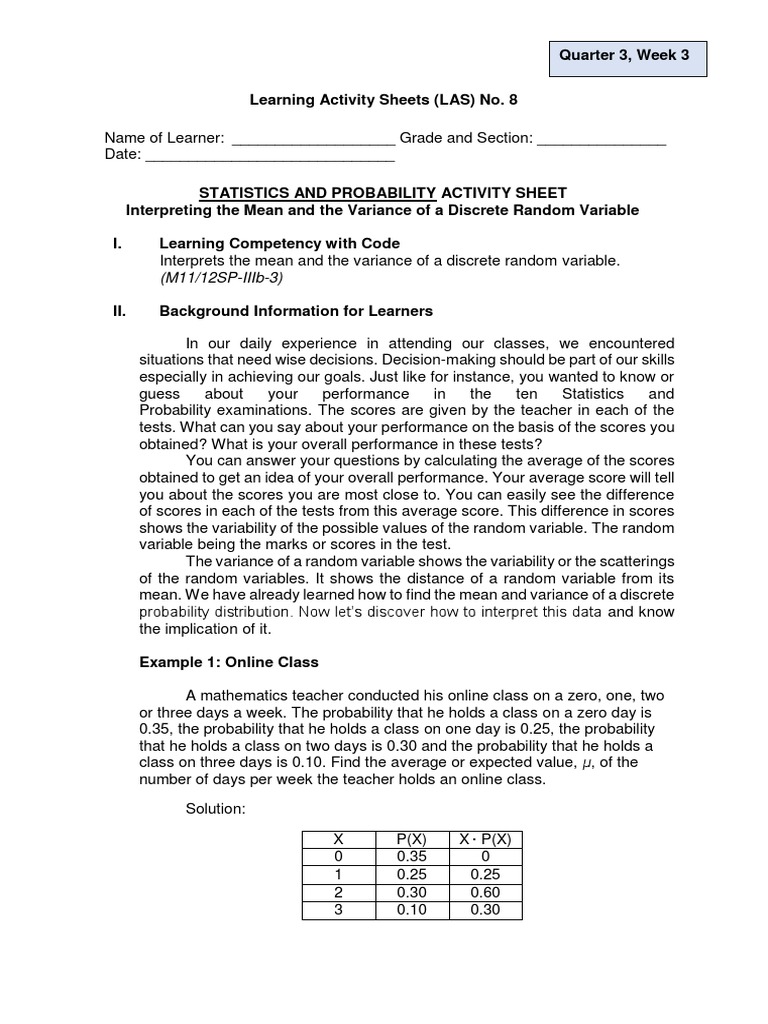 Stat LAS 8 | PDF | Random Variable | Variance