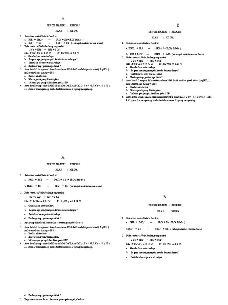 TES UH 2 Materi Redoks | PDF | Metode & Bahan Ajar | Sains & Matematika
