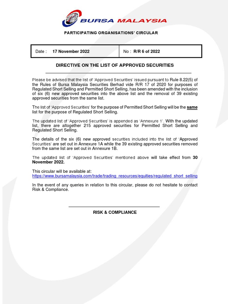 Directive On The List of Approved Securities Effective From Nov 2022 ...