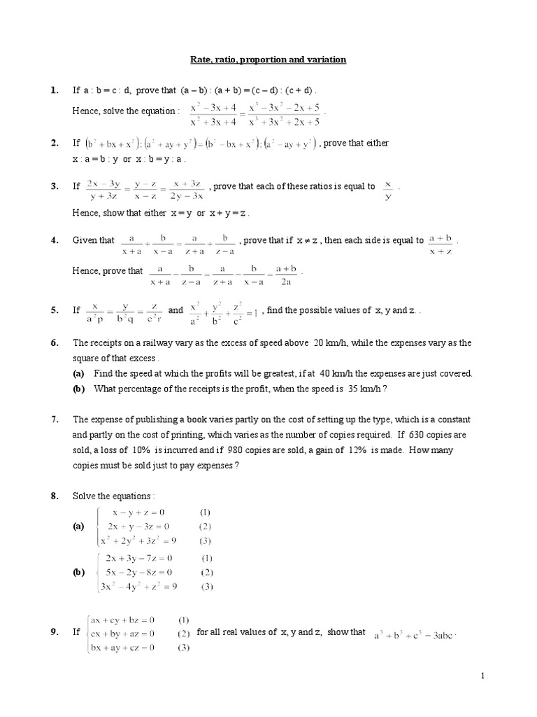 Rate Ratio Proportion Variation Exercise | PDF