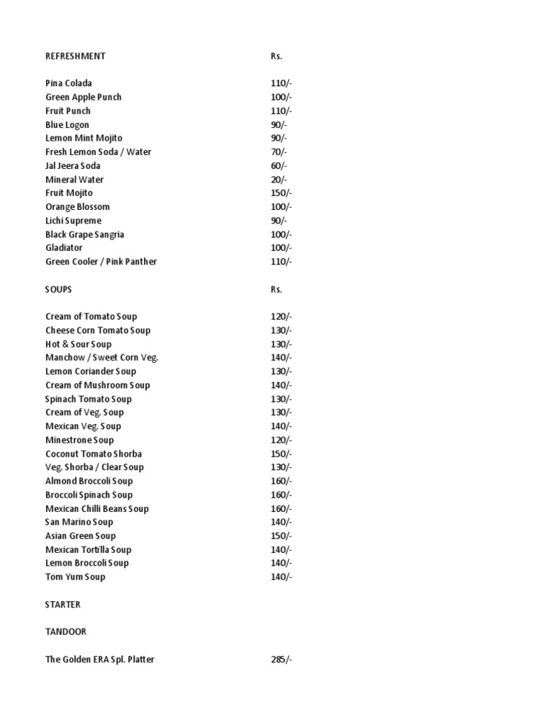 The Golden ERA Menu Excel | PDF | Pasta | Pizza