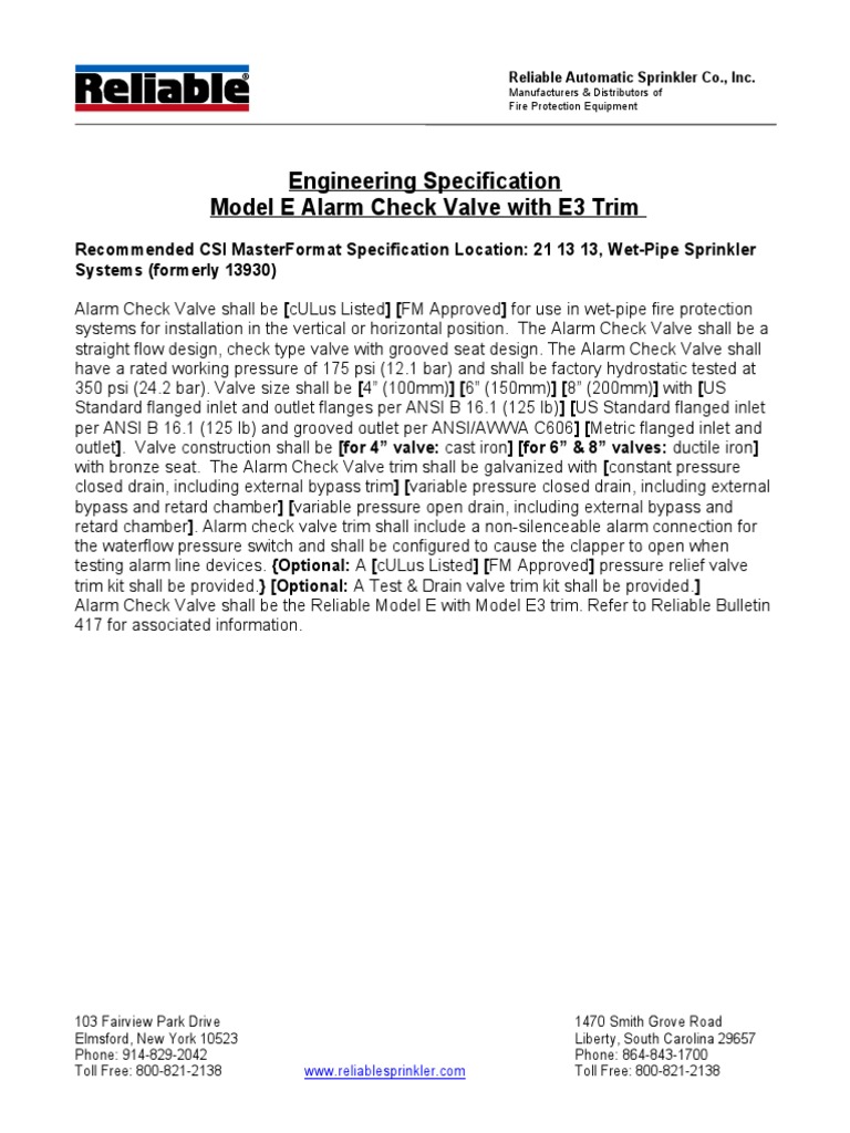 Model E Alarm Check Valve Specification | PDF