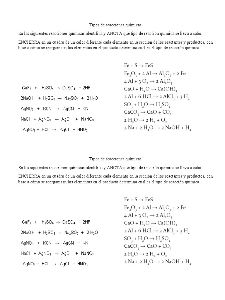 Tipos de Reacciones Químicas EJERCICIOS | PDF
