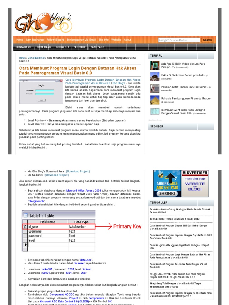 Cara Membuat Program Login Dengan Batasan Hak Akses Pada Pemrograman Visual Basic 6 | PDF | Komputer