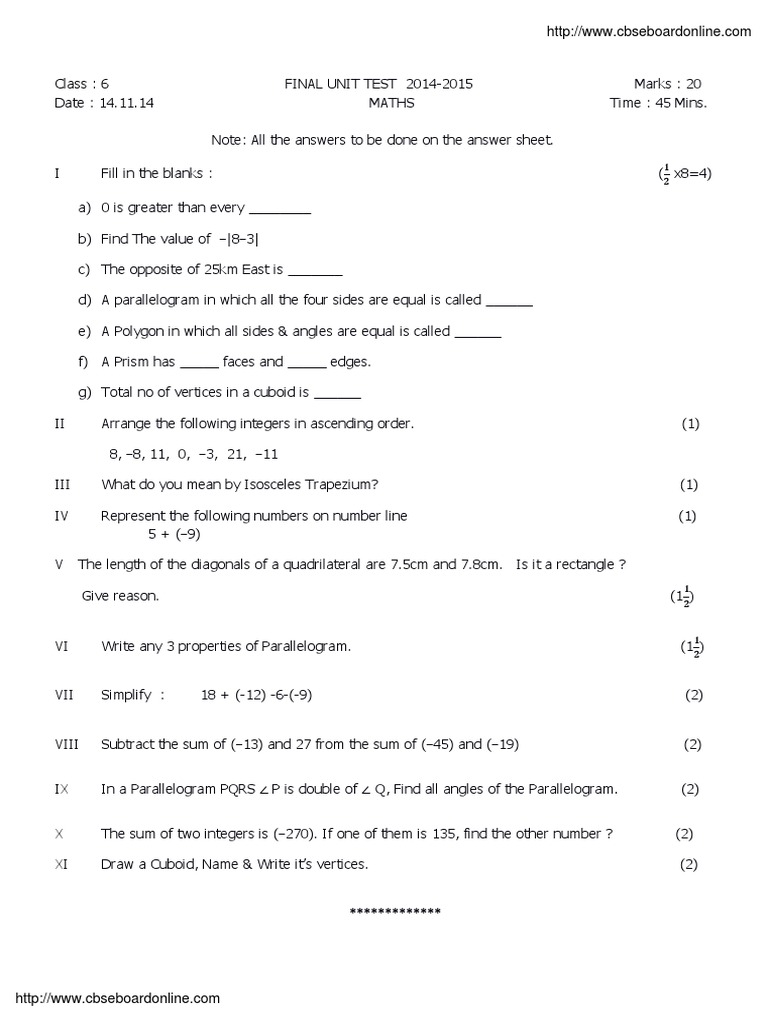 Cbse Class 6 Ut3 Mathematics 2015 PDF | PDF | Elementary Geometry | Geometric Shapes