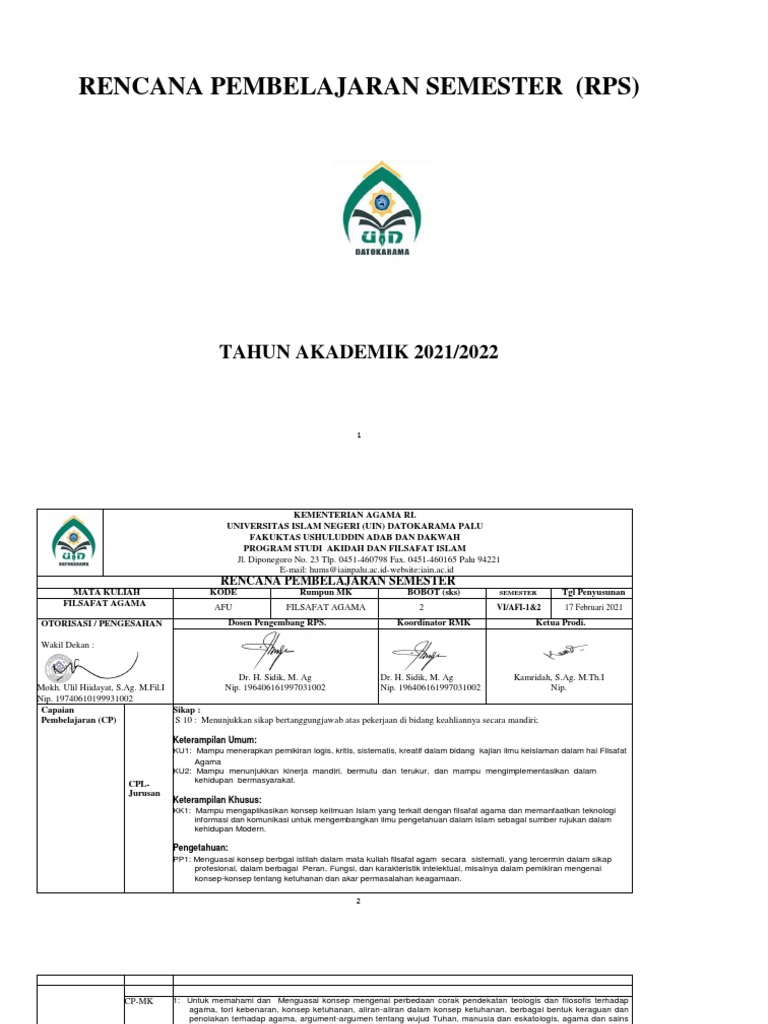 RPS. Filsafat Agama Smt. VI-AFI-1 2022 - Ok. PDF | PDF | Ilmu Sosial