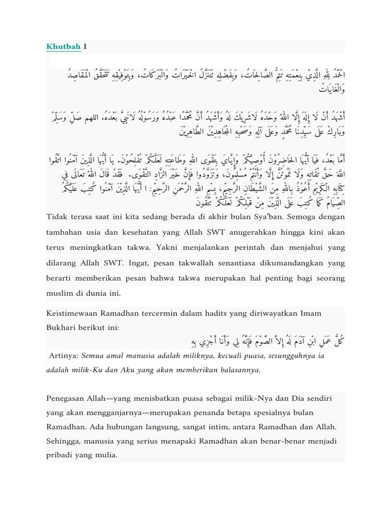 Khutbah Jumat Akhir Sya'ban Sambut Ramadhan dengan Persiapan Terbaik | PDF