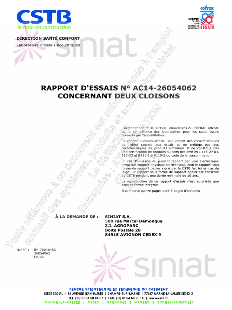 RAPPORT D'ESSAIS #AC14-26054062 Concernant Deux Cloisons | PDF | Décibel | Qualia